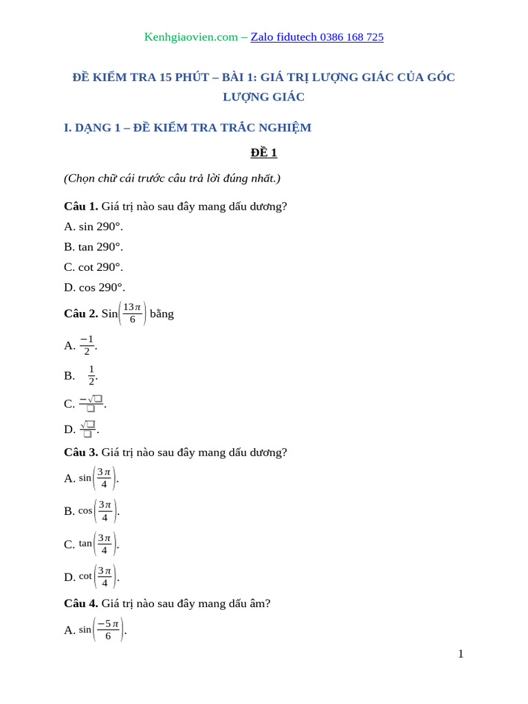 De Thi c1 Bai 1 Gia Tri Luong Giac Cua Goc Luong Giac | PDF