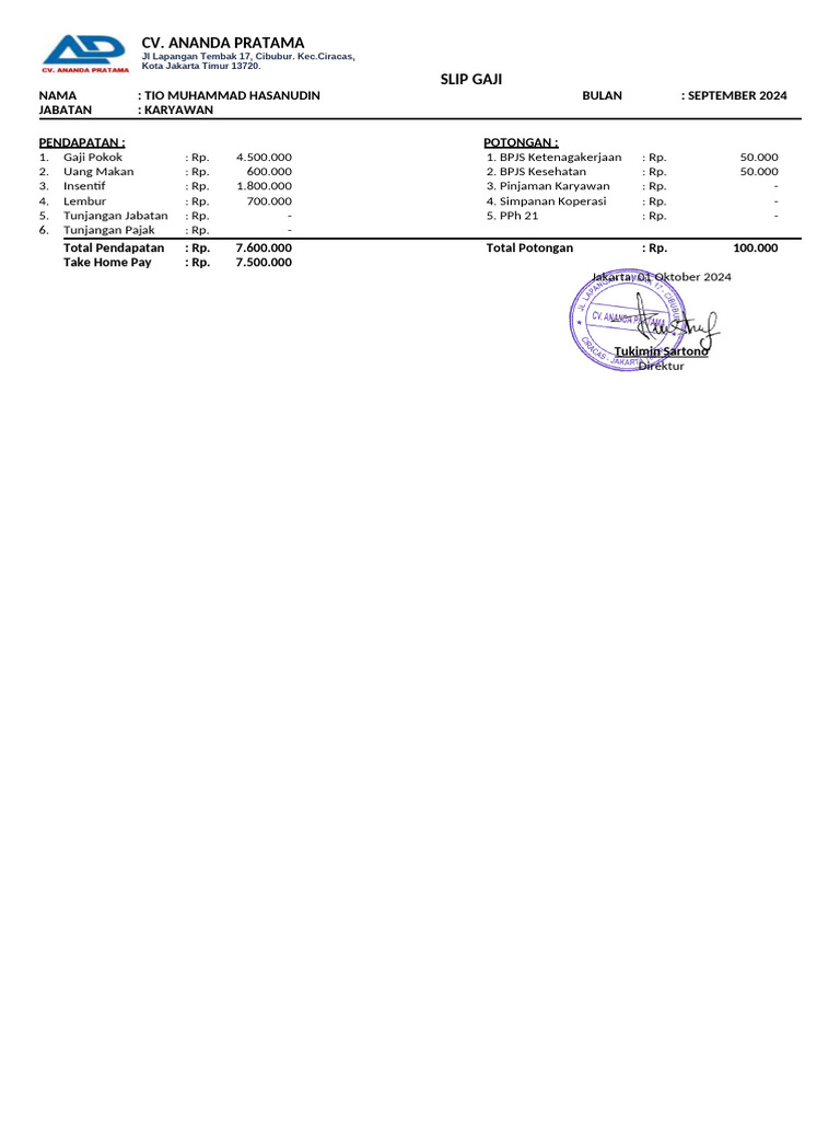 Slip Gaji Cv. Ananda Pratama | PDF