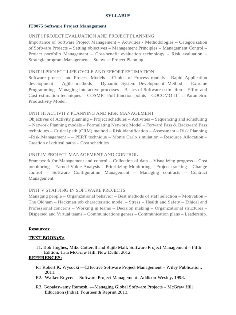 IT8075 Software Project Management Syllabus Regulation 2017 | PDF