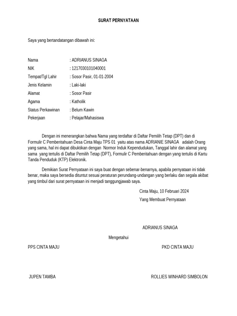 Surat Pernyataan Identitas Pemilih | PDF