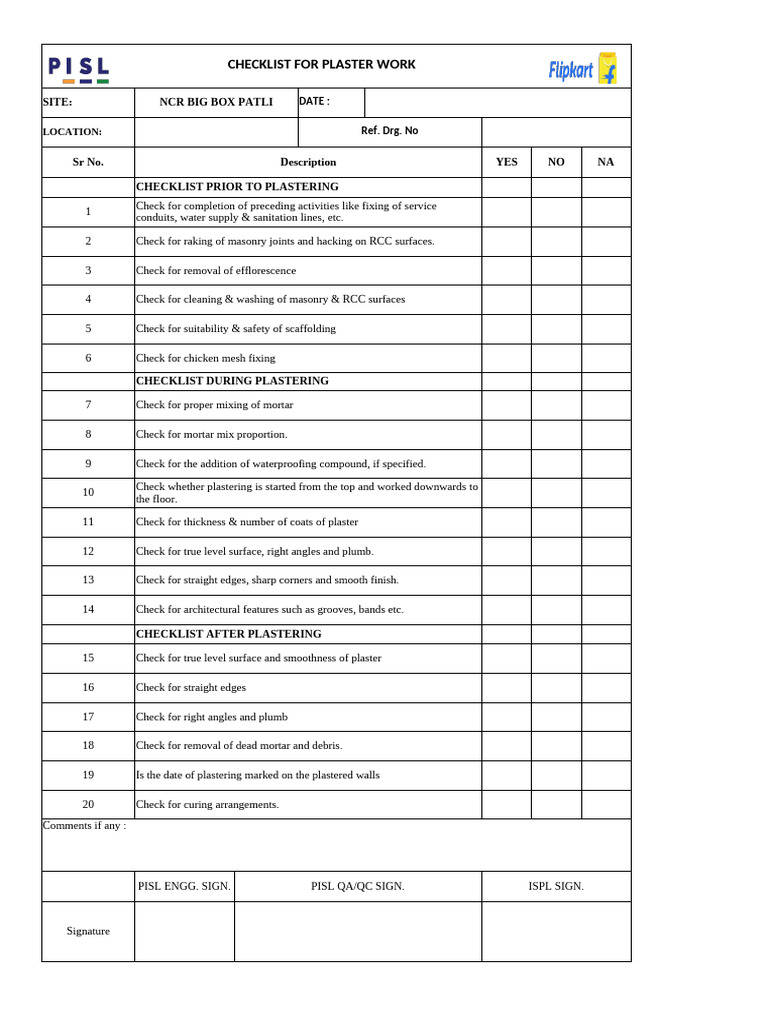 Checklist For Plaster | PDF