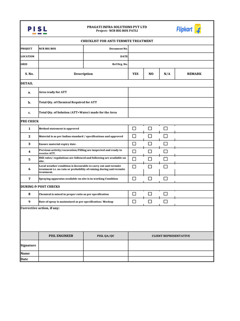 Anti-Termite Treatment Checklist | PDF