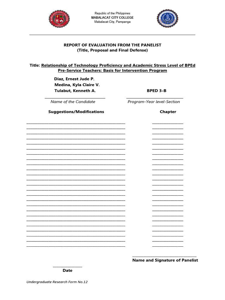 Form 12 REPORT OF EVALUATION FROM PANELISTS 1 | PDF