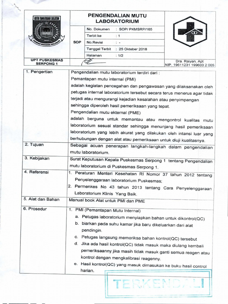 Sop Pengendalian Mutu Laboratorium | PDF