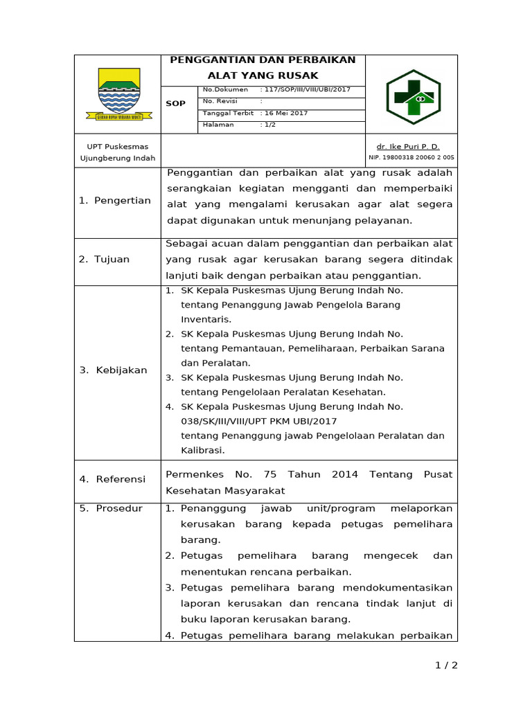 8.6.2.5 SOP Penggantian & Perbaikan Alat Yg Rusak (Print) | PDF