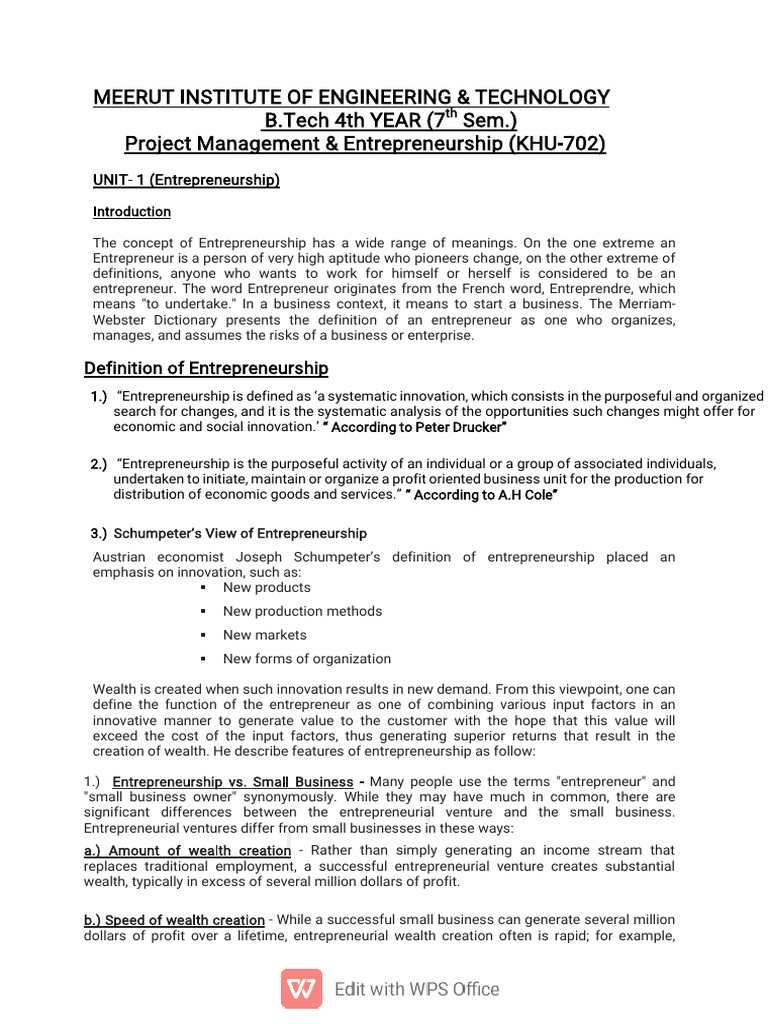 Project Management and Entrepreneurship Unit - 1 | PDF ...