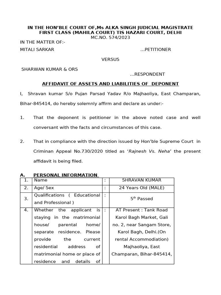 Shravan Affidavit For D.V Case | PDF | Expense | Affidavit