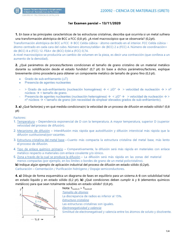 Soluciones 1er Examen Parcial CM (2020-2021q1) | PDF | Estructura cristalina | Difusión