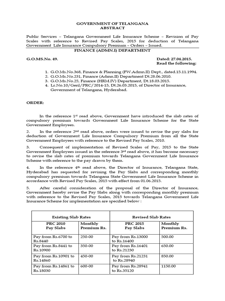 2015FIN - MS49 Telangana APGLI Enhancement GO | PDF | Insurance | Life ...
