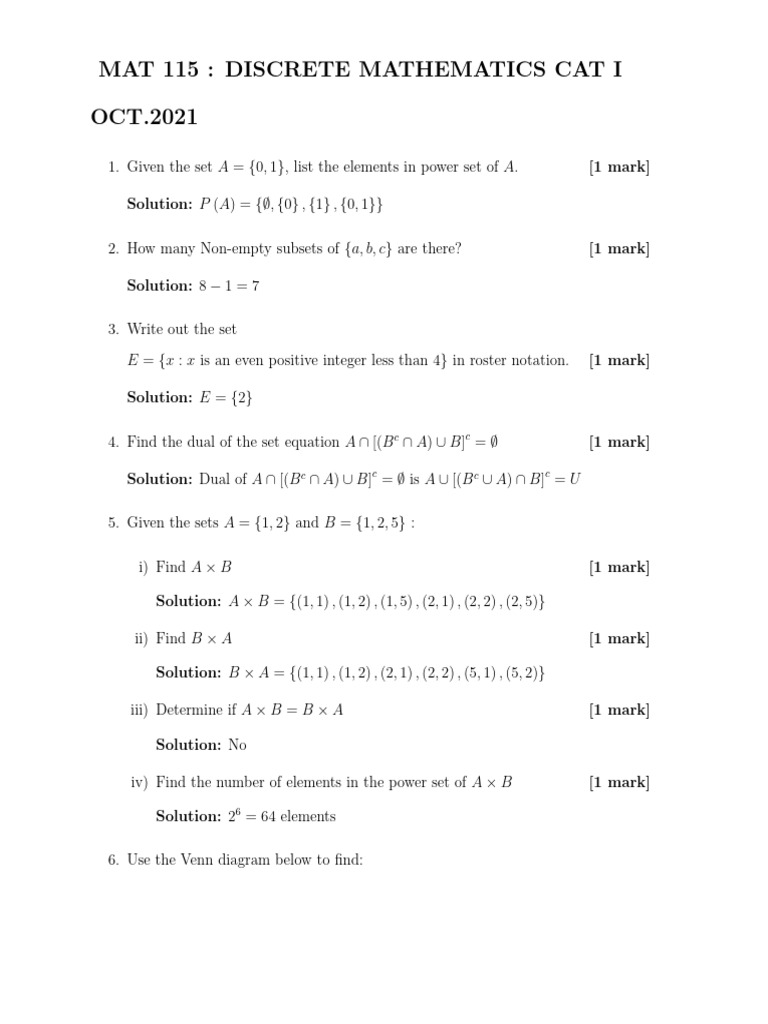 Mat 115 Cat 1 Marking Scheme | PDF | Empty Set | Mathematical Logic
