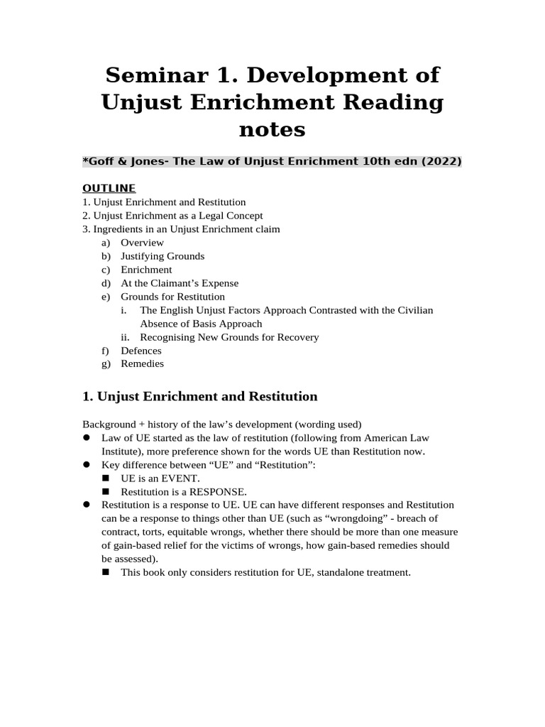 Reading Notes On Unjust Enrichment | PDF | Equity (Law) | Justice