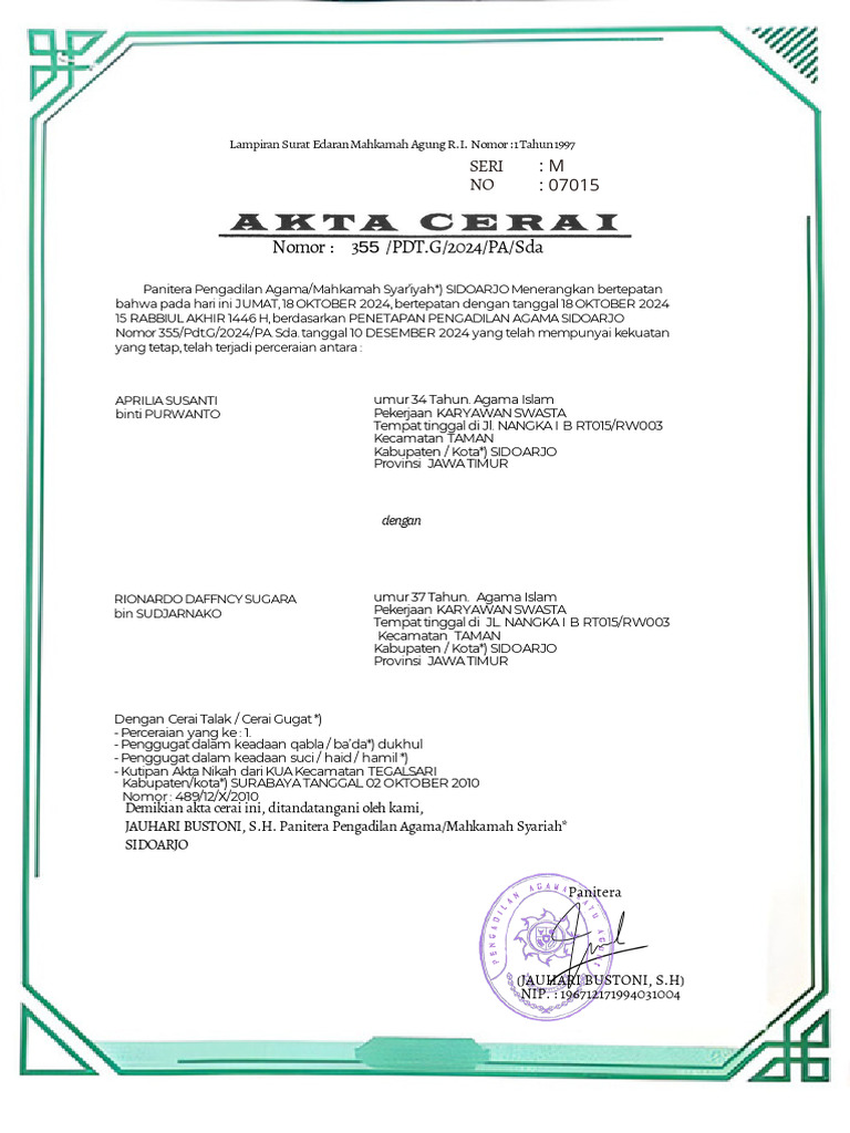 Akta Cerai - RIONARDO DAFFNCY SUGARA BIN SUDJARNAKO | PDF