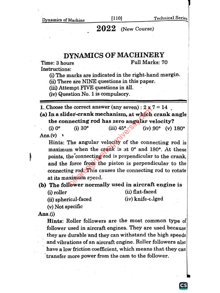 Dynamics of Machine 2022 Beu Pyq Solution | PDF