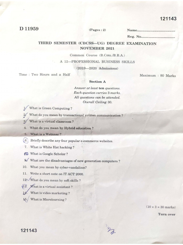 Bcom Third Semester Professional Business Skill Nov 2021 | PDF