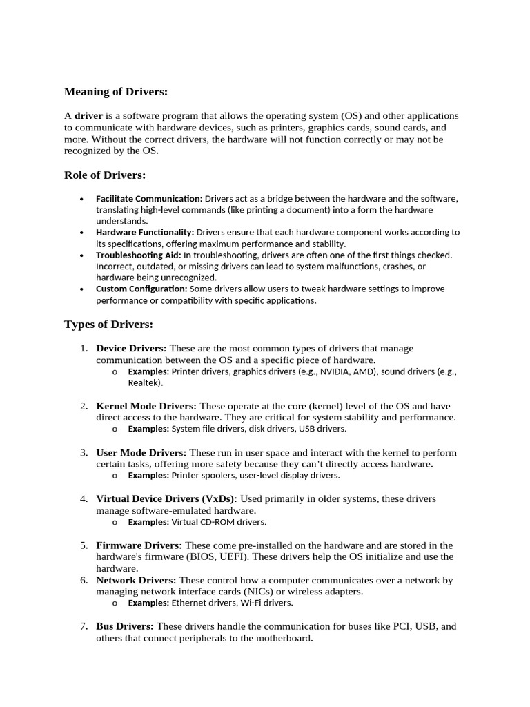 Drivers, Meaning, Role and Types | PDF | Device Driver | Operating System