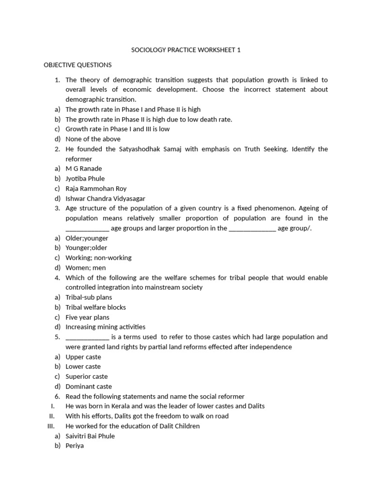 SOCIOLOGY PRACTICE WORKSHEET 1 | PDF | Caste