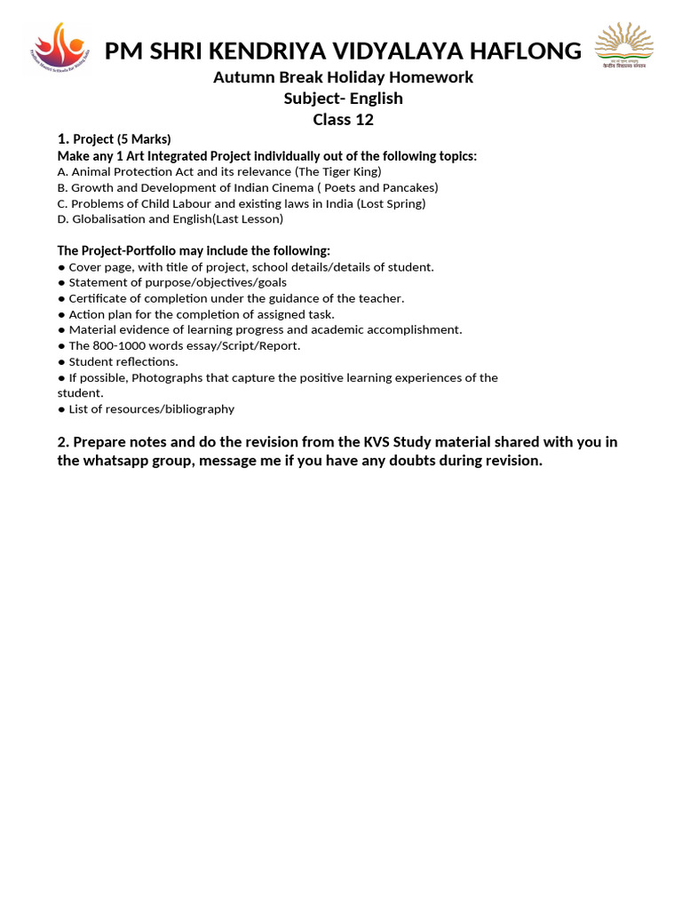 Autumn Break Homework Class 12 | PDF | Language Arts & Discipline ...