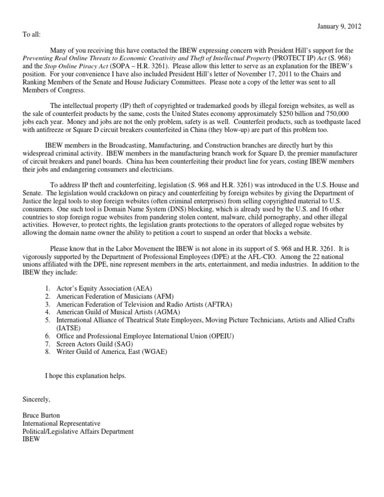 IBEW Protect IP and SOPA Response | PDF | Intellectual Property ...