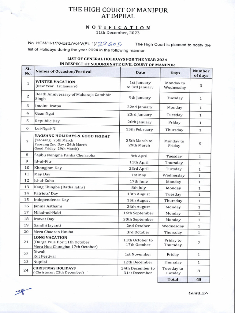 Civil Court Holiday List - 0001 | PDF