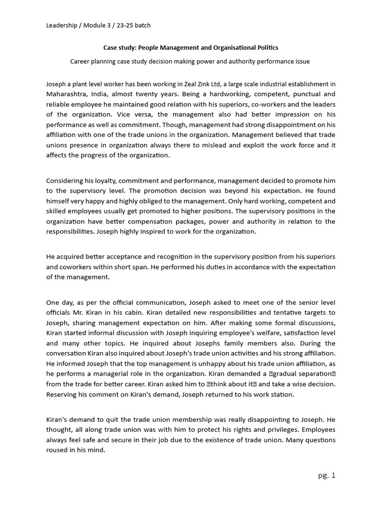 Case Study - People MGMT and Org Politics | PDF | Trade Union | Leadership