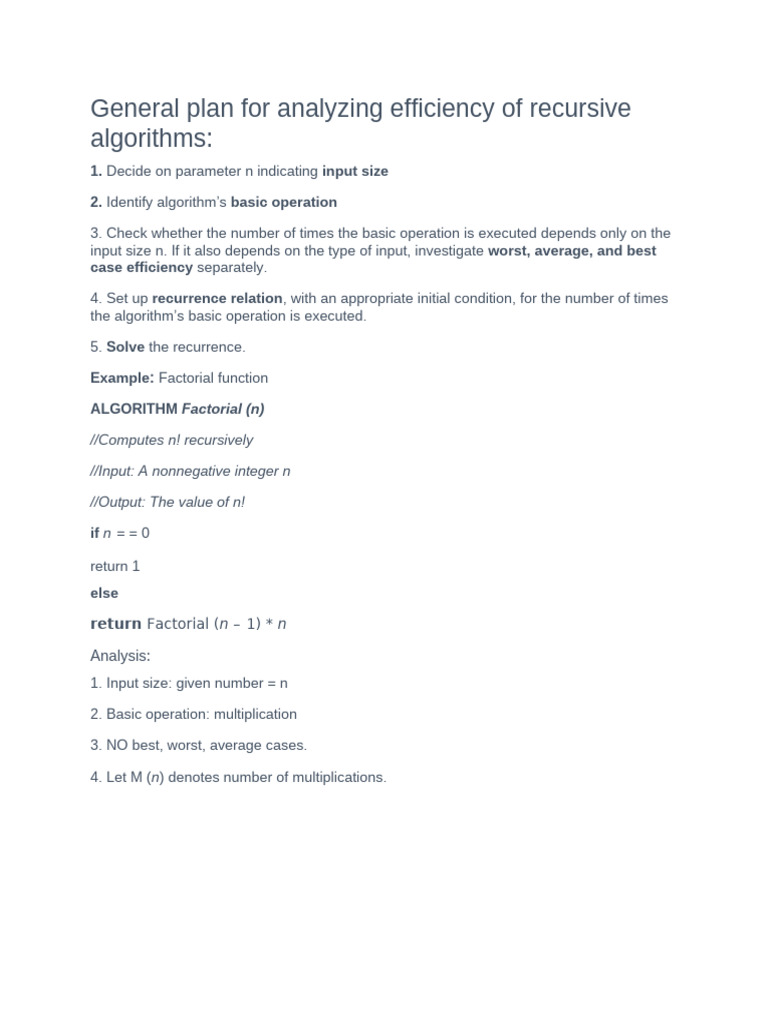 General Plan For Analyzing Efficiency of Recursive Algorithms | PDF