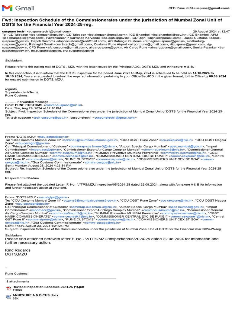 Inspection Schedule of The Commissionerates Under The Jurisdiction of ...