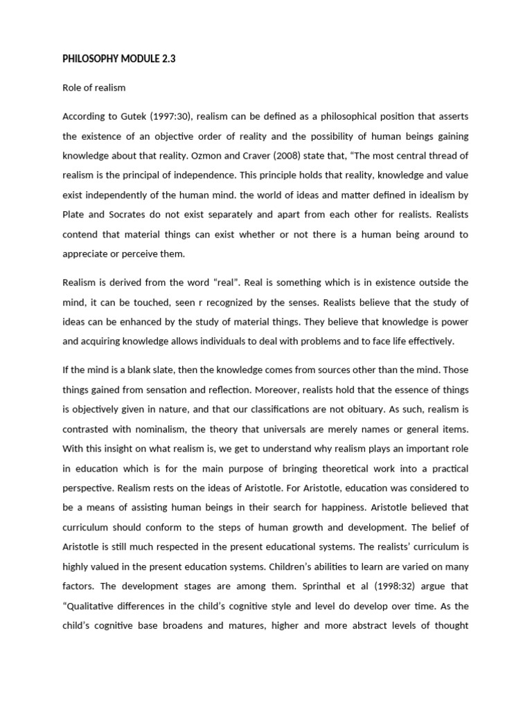 Philosophy Module 2 3 Role of Realism | PDF | Philosophical Realism | Reality