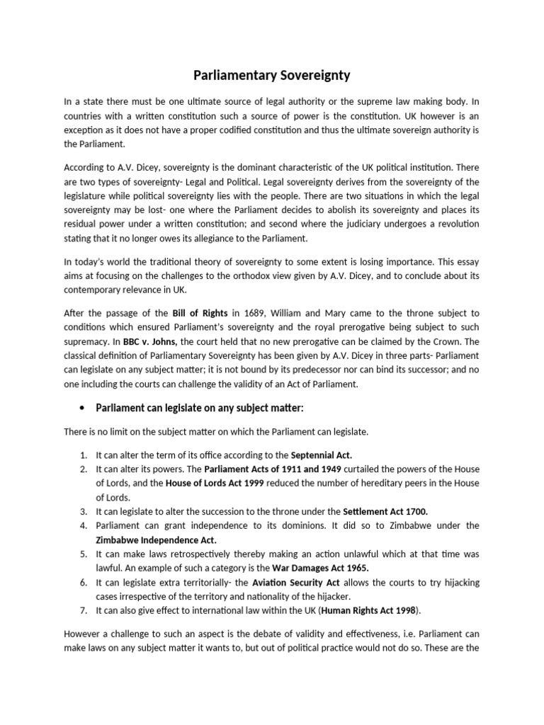 Understanding UK Parliamentary Sovereignty | PDF | Parliament Of The ...