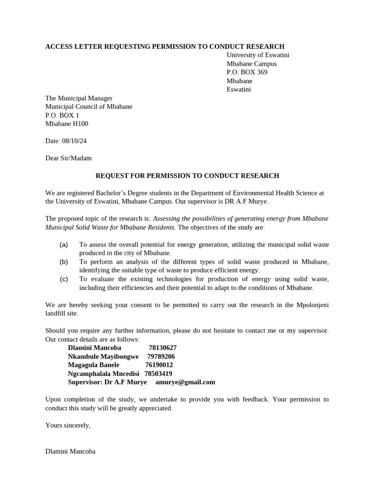 Access Letter Requesting Permission To Conduct Research | PDF