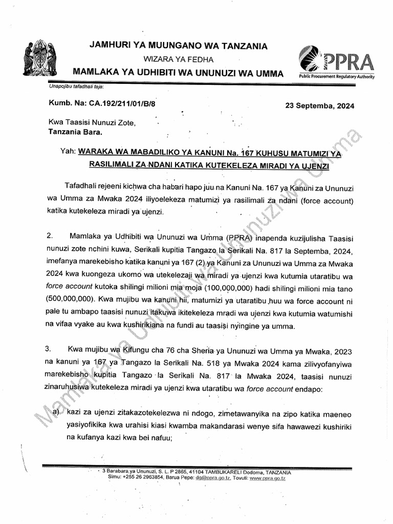 Waraka Wa Mabadiliko Taratibu Za Force Account (1) - 1727792869 | PDF