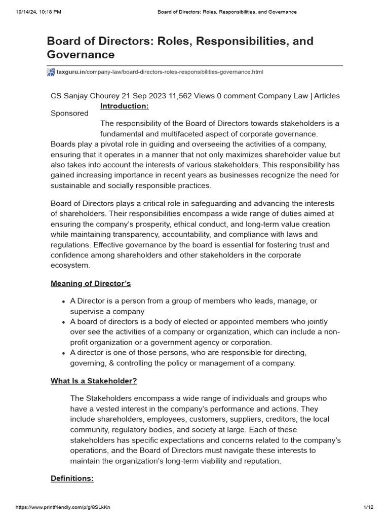 Board of Directors' Governance Roles | PDF | Board Of Directors ...