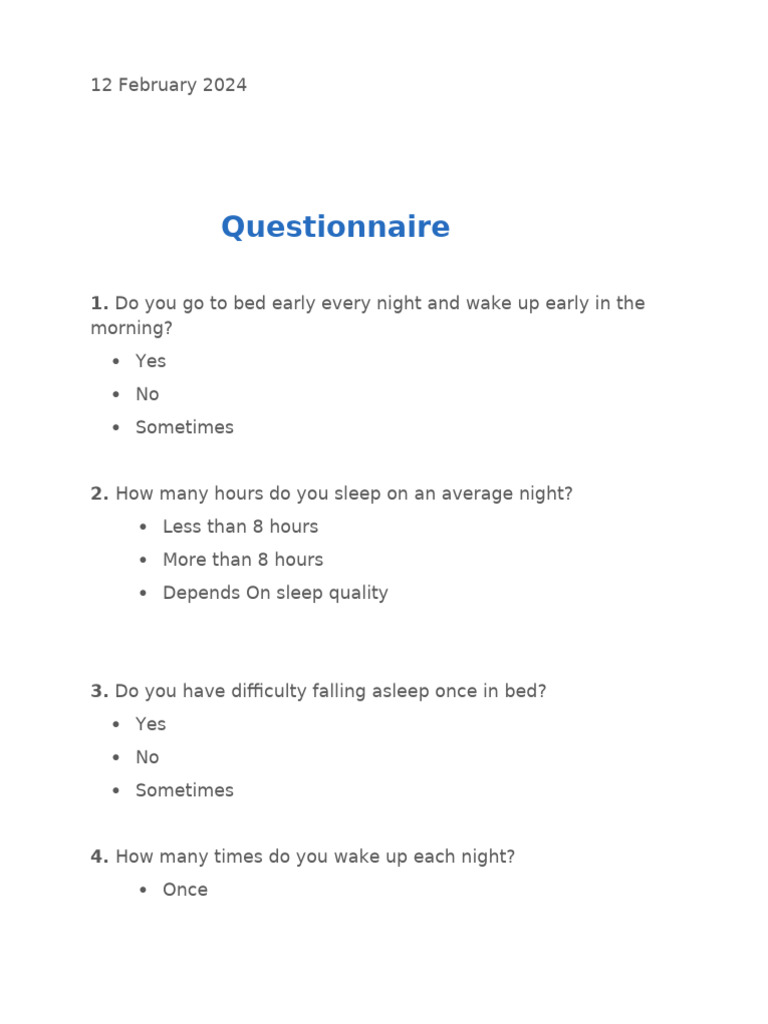 Questionnaire | PDF | Sleep | Insomnia