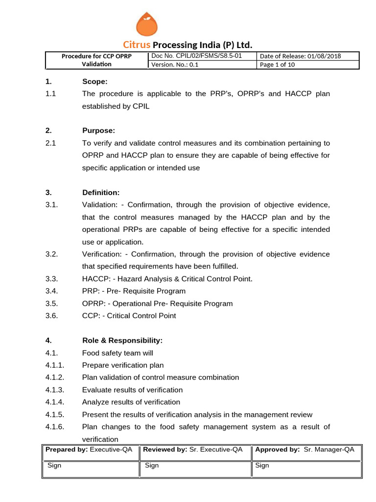 8.5.3 Procedure For CCP OPRP Validation | PDF | Verification And Validation | Packaging And Labeling