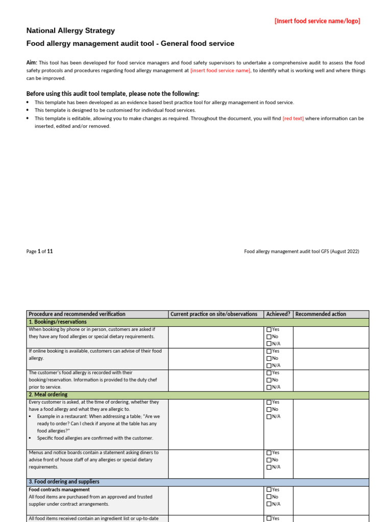 NAS Food Allergy Management Audit Tool GFS August 2022 | PDF | Food ...