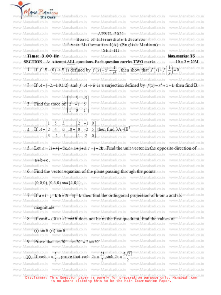 JR.INTER_MATHS-IA_SET - III | PDF | Functions And Mappings | Euclidean Geometry