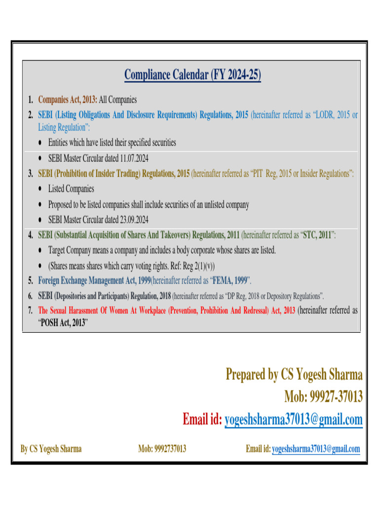 Compliance Calendar FY 2024-25 | PDF | Financial Markets | Corporations