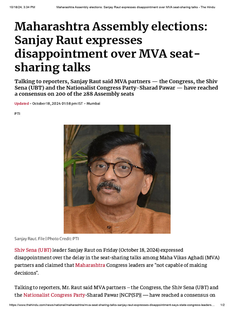Maharashtra Assembly Elections - Sanjay Raut Expresses Disappointment Over MVA Seat-Sharing ...