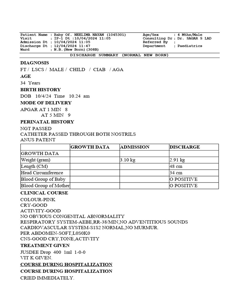 Diagnosis: Discharge Summary (Normal New Born) | PDF | Neonatology | Medical Specialties