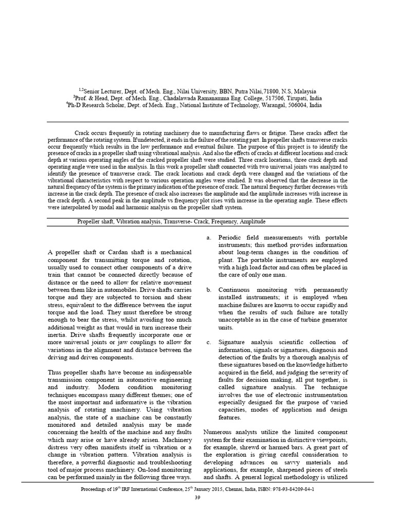 Vibration Analysis of Propeller Shaft With Transverse Crack | PDF ...