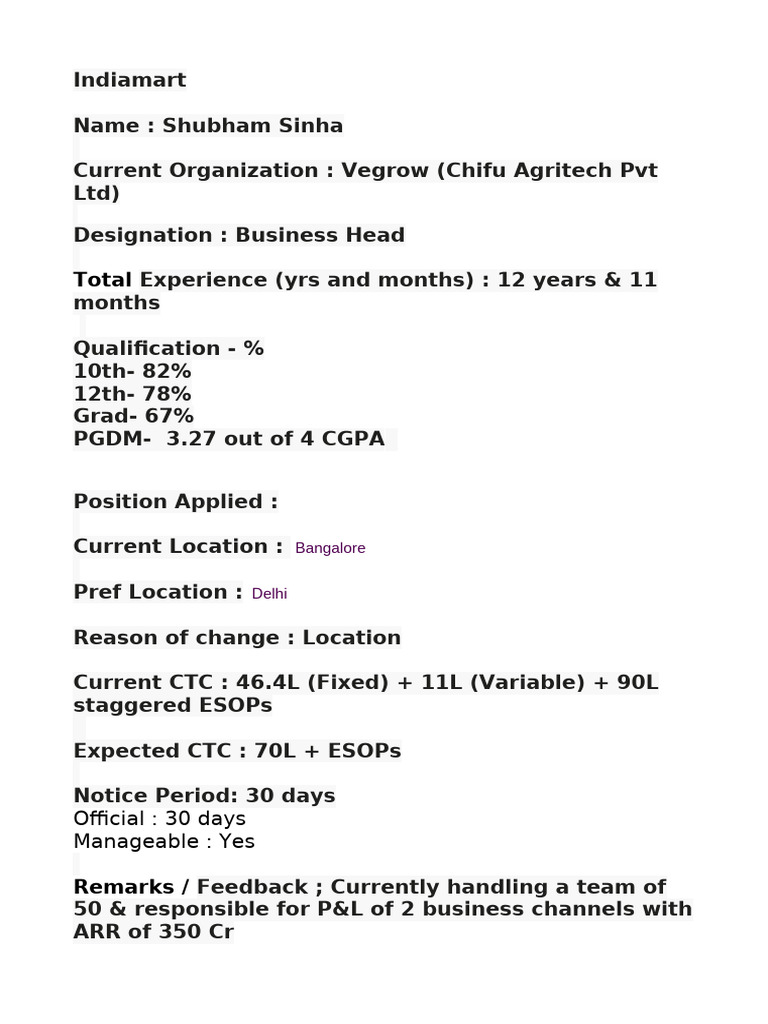 Business Head Profile: Shubham Sinha | PDF | Business