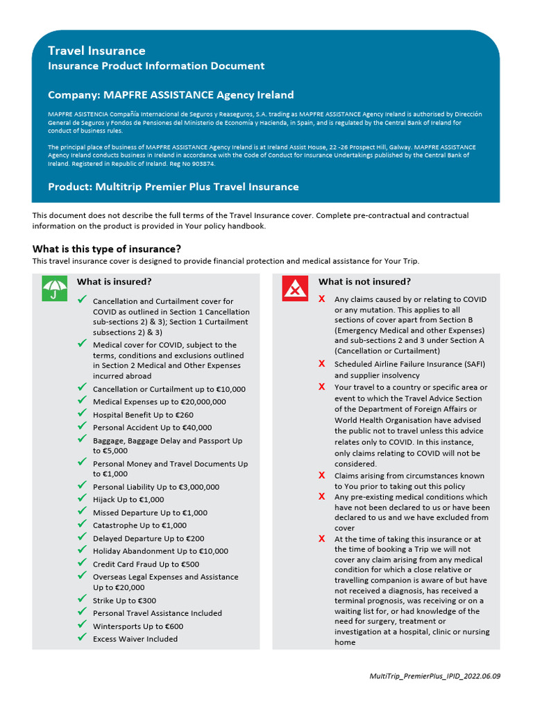 MultiTrip PremierPlus IPID 2022.06.09 | PDF | Insurance | Private Law