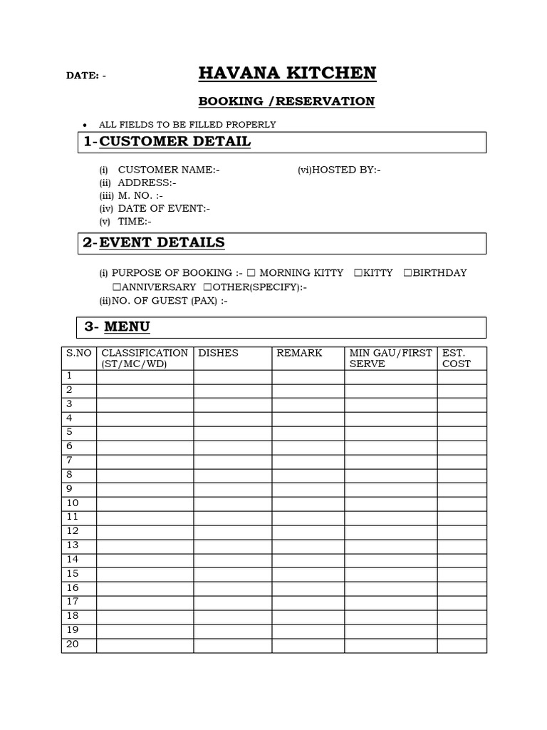 Old Havana Kitchen Booking Form | PDF | Business | Home & Garden