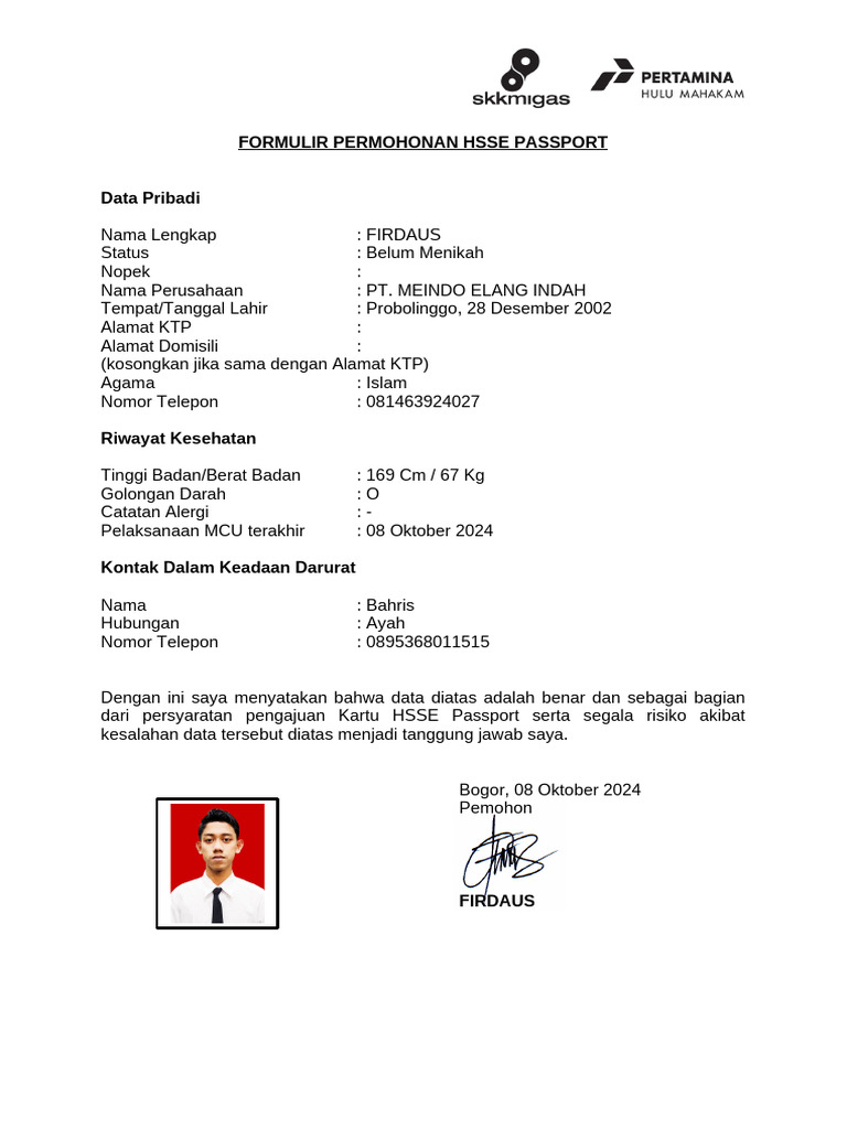 Formulir Permohonan HSSE Passport | PDF