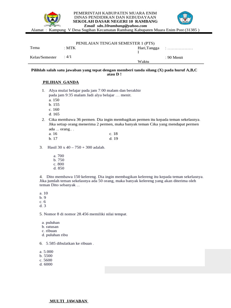 PTS MTK Kelas 4 | PDF