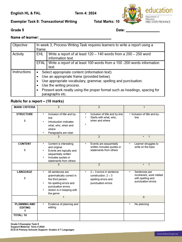 Grade 5 Term 4 Transactional Writing | PDF | Word | English Language