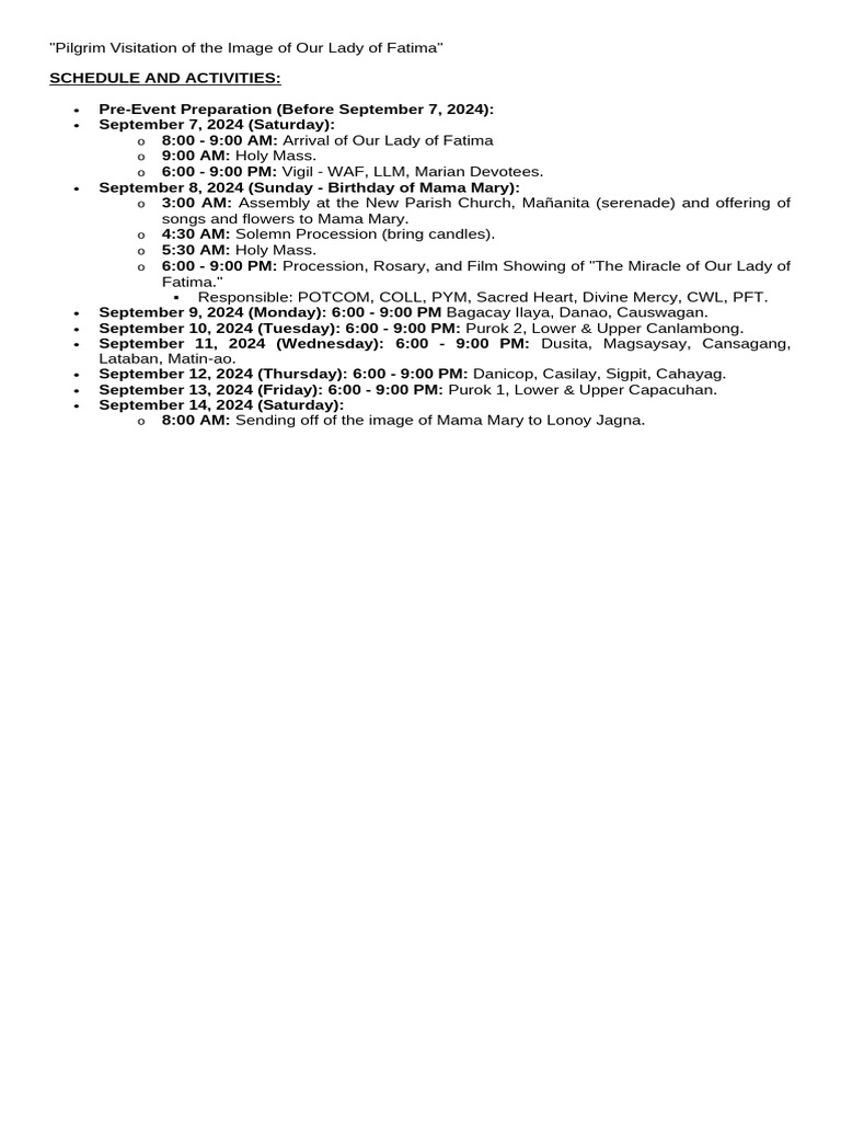 Pilgrim Visitation of The Image of Our Lady of Fatima | PDF