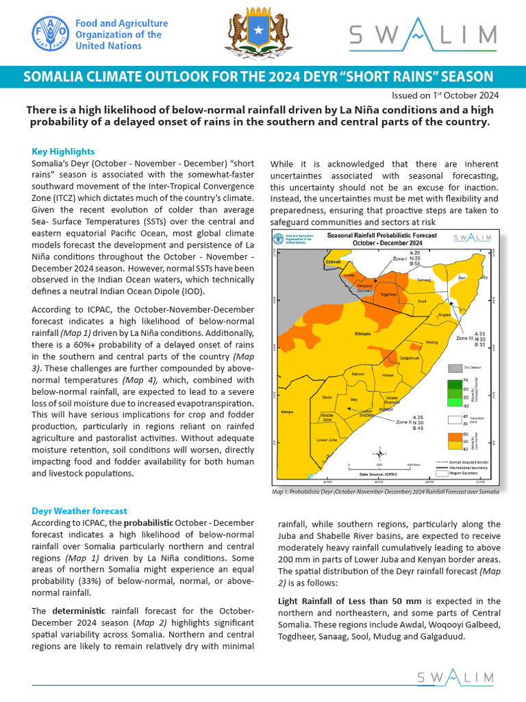 Somalia Deyr 2024 Rainfall Forecast | PDF | Rain | Sea Surface Temperature
