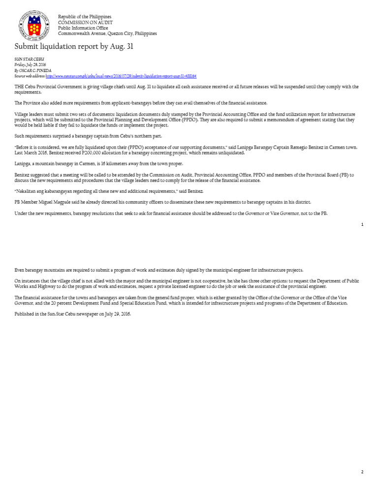 Submit Liquidation Report by Aug. 31 | PDF | Government