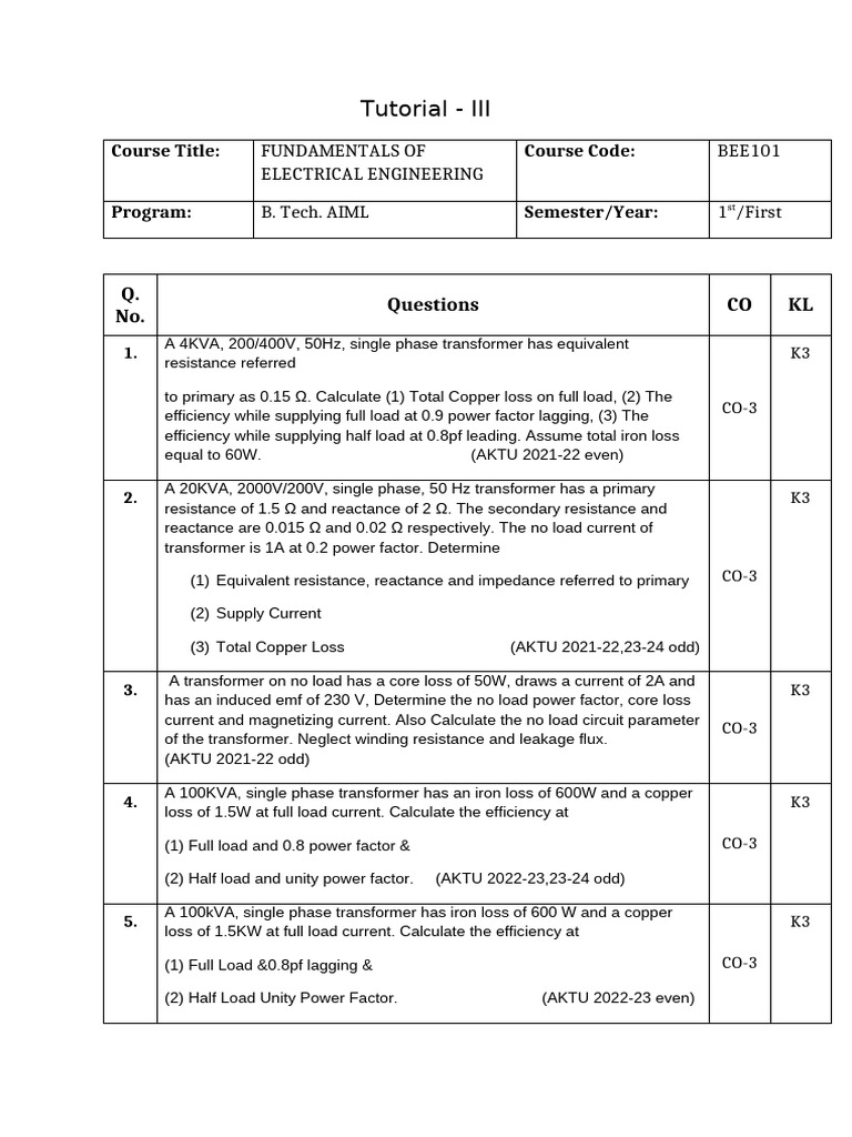 Tutorial 3 | PDF | Transformer | Electricity