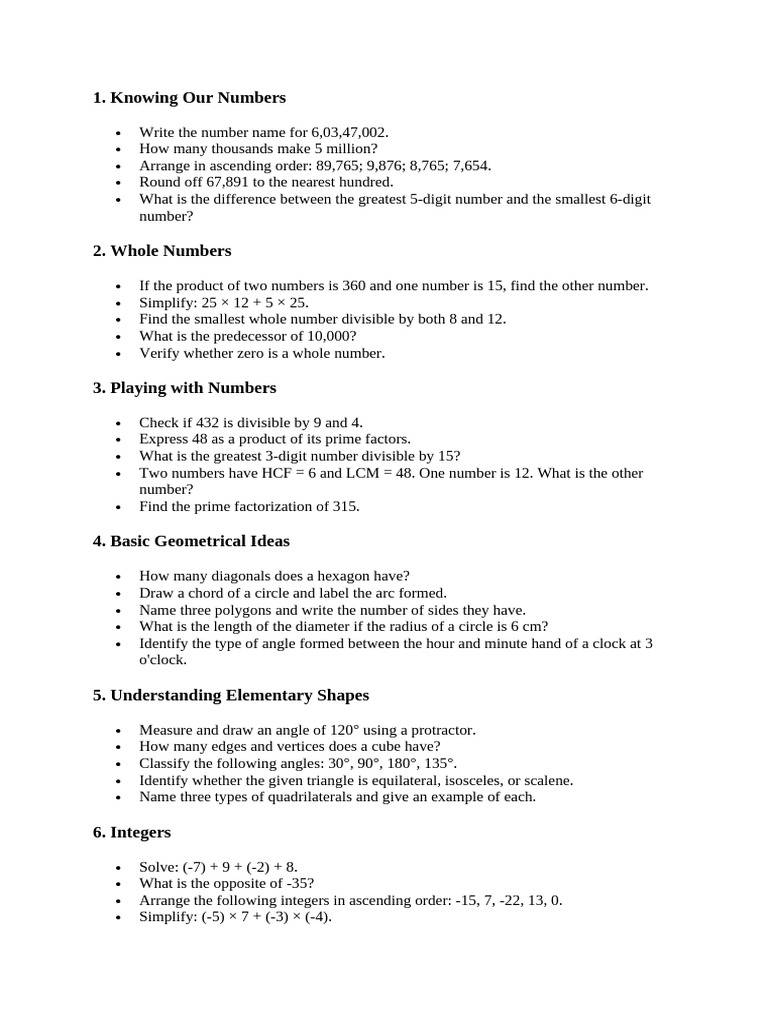 Mathematics Questions For Class 6th | PDF | Teaching Methods & Materials